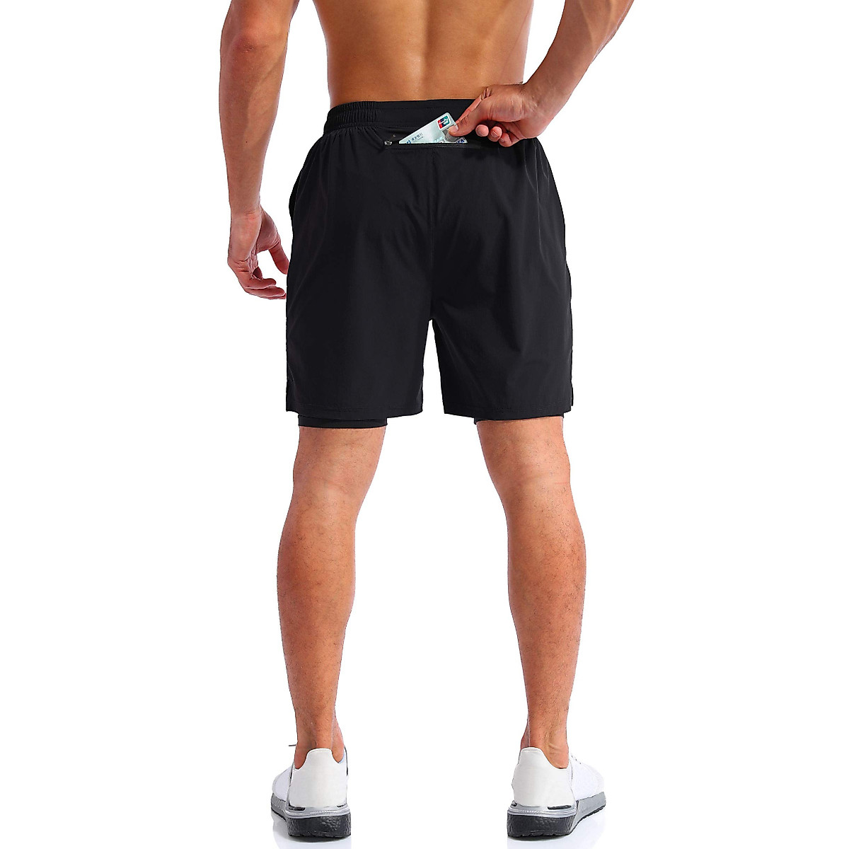 Pudolla Men’s 2 in 1 Running Shorts 7" Quick Dry Gym Athletic Workout Shorts for Men with Phone Pockets(Black Large)