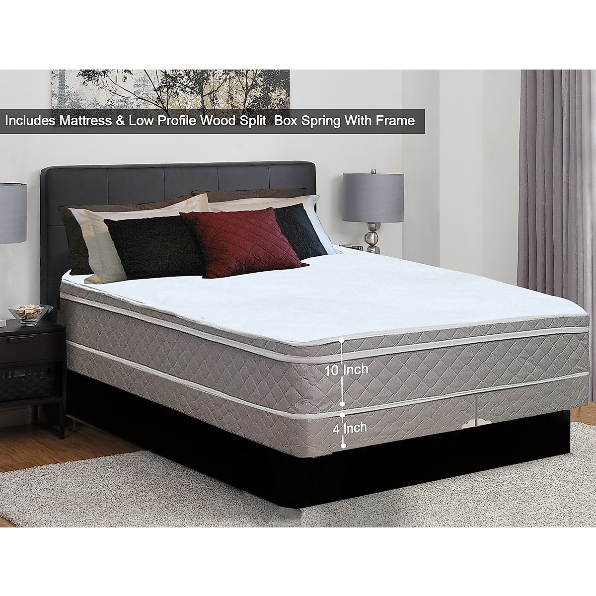 Mattress Comfort Medium Plush Eurotop Pillowtop Innerspring Mattress and 4" Low Profile Wood Boxspring/Foundation Set, with Frame, Full Size