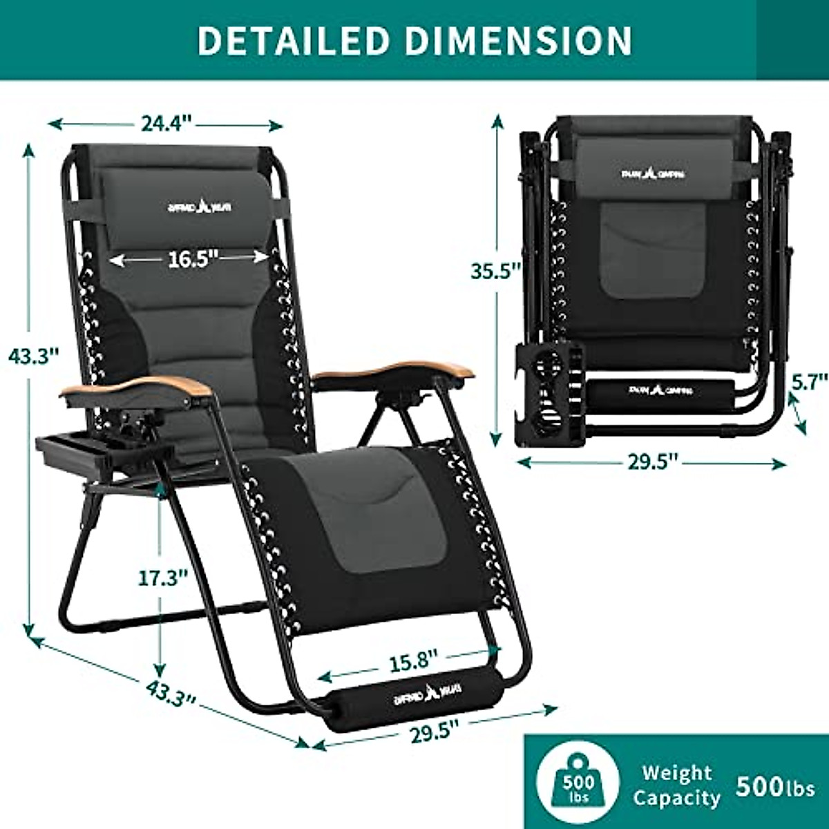 UDPATIO Zero Gravity Chair Set of 2 XL 30In Oversized Outdoor Anti Gravity Chairs Patio Lounge Folding Adjustable Chair with Cup Holder Foot Pad & Padded Headrest, Support 500lbs