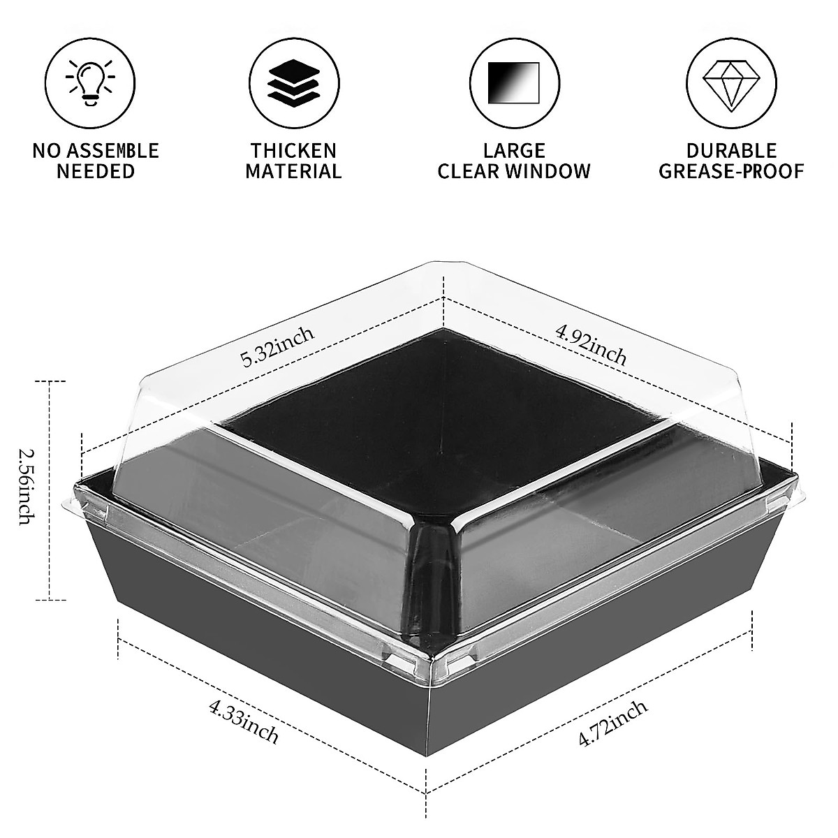 Ocmoiy Small Charcuterie Boxes with Clear Lids, To Go Paper Disposable Food Containers, 5 Inches Bakery Dessert Boxes for Sandwich, Cookie, Pastry, Cake Slice (Black, 50ct)