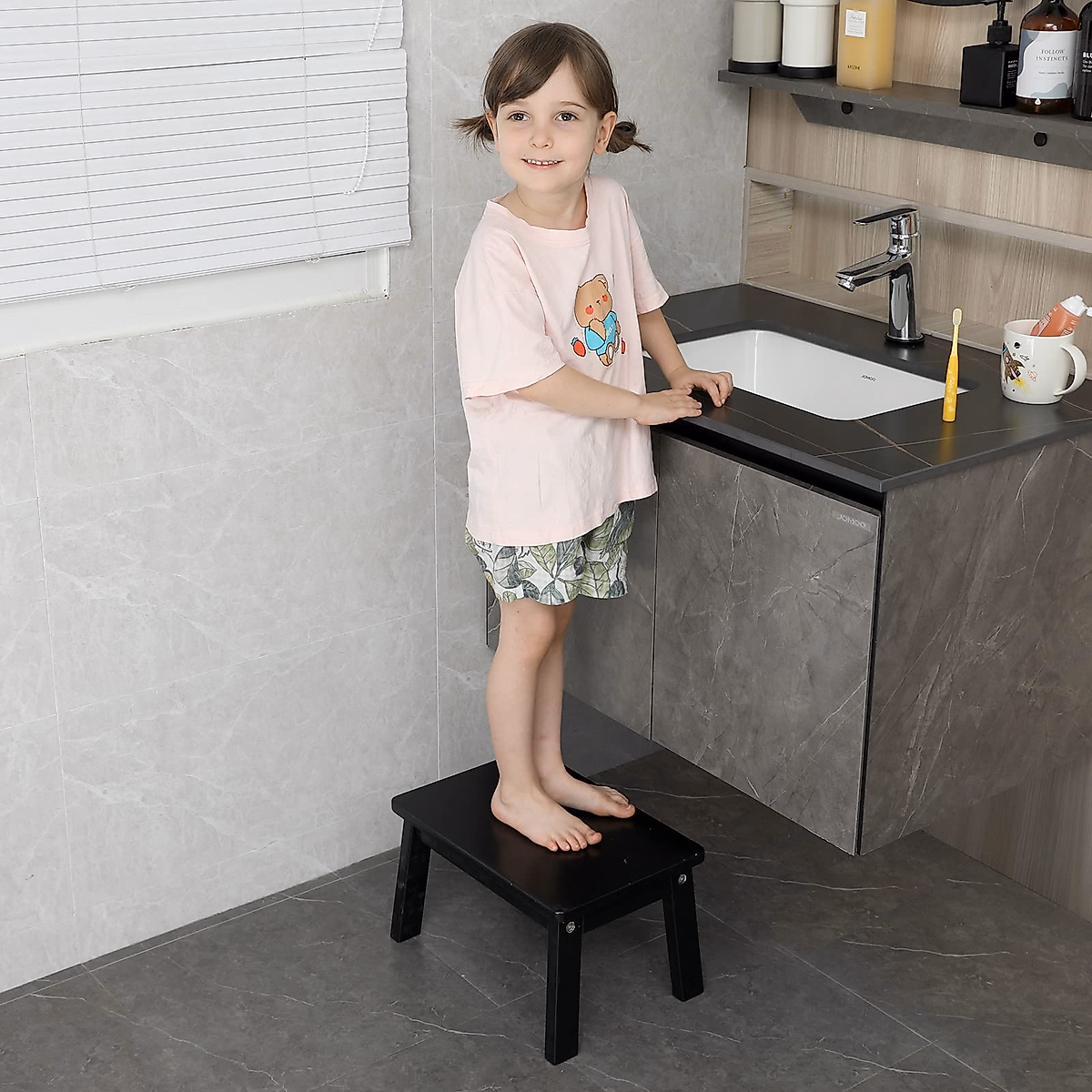 HOUCHICS Wooden Step Stool,One Step Stool for Adult Kids,Wood Bedside Step Stool for Kitchen,Bathroom,Bedroom(Black)