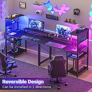 Homieasy Gaming Desk with Power Outlets & Pegboard & Led Light, 43 Inch Computer Desk with Reversible Storage Shelves & Side Storage Bag, PC Gamer Desk with Hutch & Monitor Stand, Carbon Fiber Black