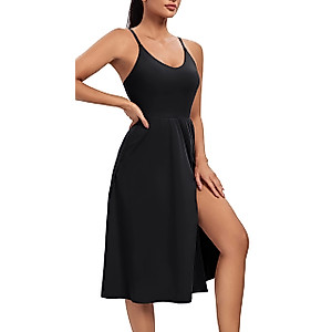 Athletic Dress with Built in Shorts & Bra Adjustable Straps Workout Dress for Tennis Golf Midi Dresses for Women Black