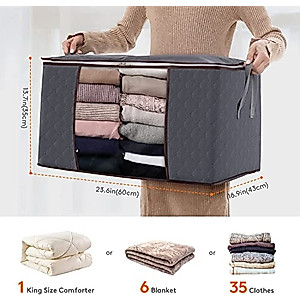 Clothes Storage Bins, Foldable Blanket Storage Bags with Lids & Handle, Closet or Underbed Organizer Containers, Grey, 90L, 3 PCS
