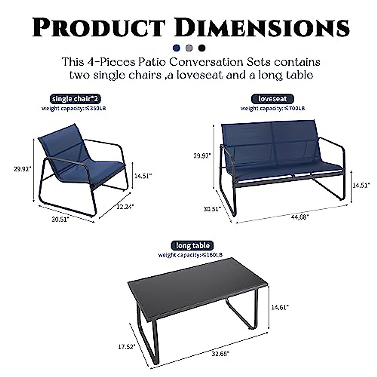 PAIQIAN 4 Pieces Patio Furniture Set Outdoor Patio Conversation Sets Poolside Lawn Chairs with Glass Coffee Table Porch Furniture for Courtyard, Garden and Balcony (Blue)