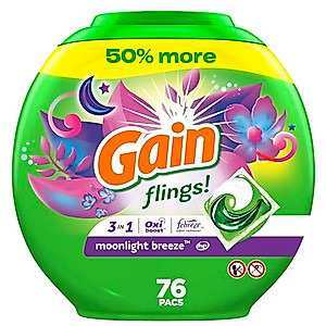 Gain flings Laundry Detergent Soap Pacs, HE Compatible, Long Lasting Scent, Moonlight Breeze Scent, 76 Count