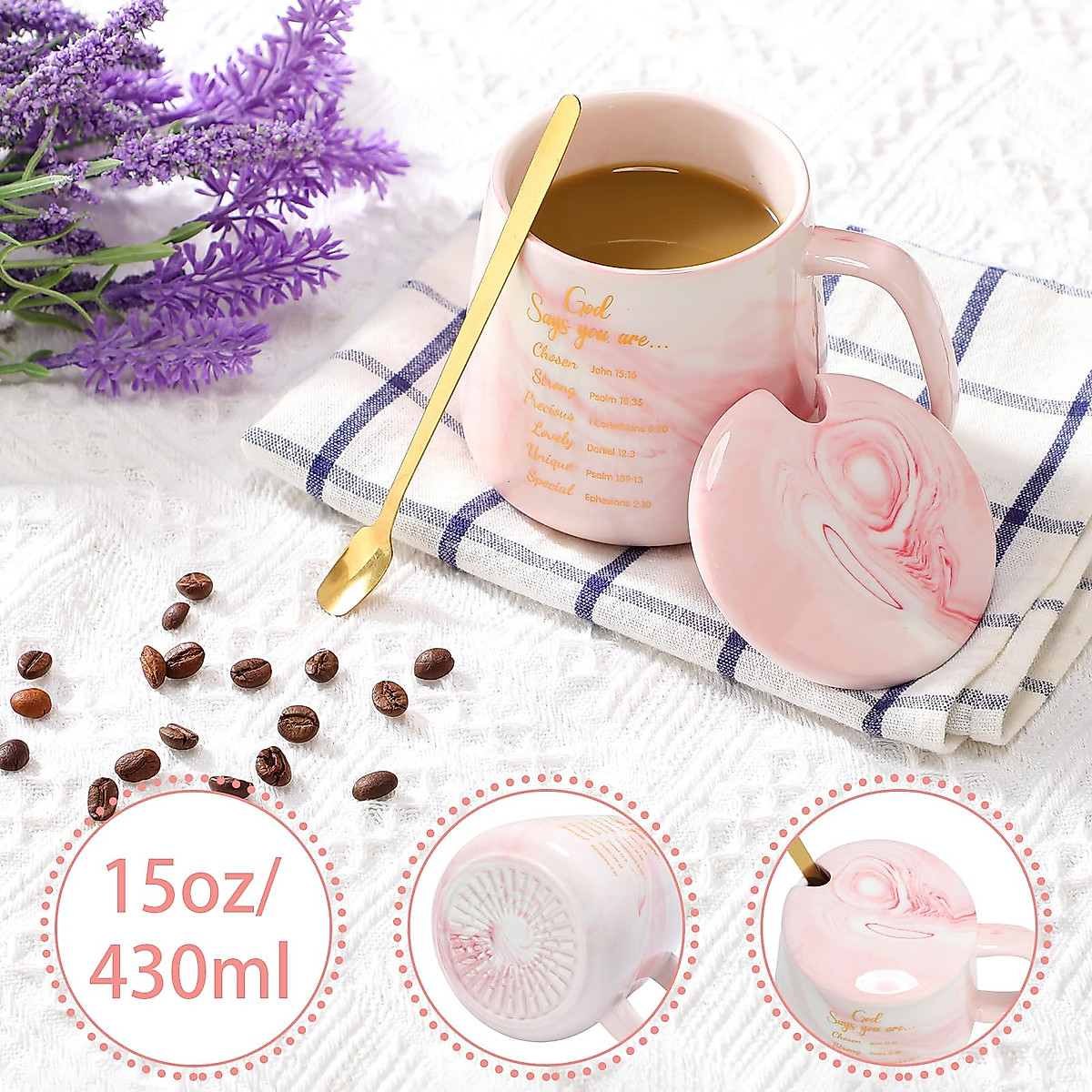 Nitial Christian Gifts God Says You are Coffee Warmer with Mug Set for Women Pink Marble Mug Warming Plate Birthday Gift Valentine's Day Gifts for Coworker Volunteer Teacher