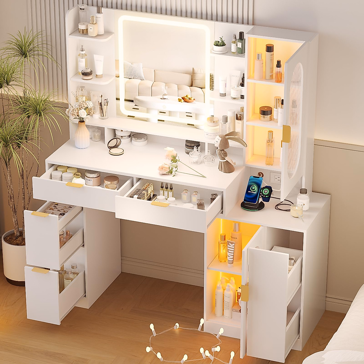 Vabches Vanity Desk with Lighted Mirror & Power Strip,Makeup Vanity with 5 Drawers & 6 Storage Shelves,White Vanity Table with RGB Glass Cabinet,46.6" W Large Dressing Table for Bedroom