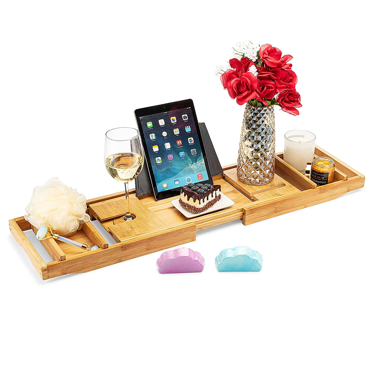 Luxury Bamboo Bathtub Caddy Tray with Two Free Bath Bombs, Soap Holder, and Non-Slip Silicone Grips - Durable and Solid - Expandable Organizer with Removable Spa Trays