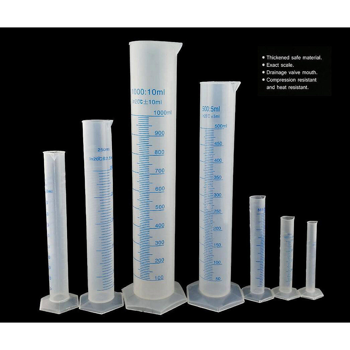 Plastic Transparent Blue Line Liquid Graduated Measuring Cylinder Lab Test Tube 10ml /25ml /50ml /100ml/ 250ml /500ml / 1000ml Pack Of 7