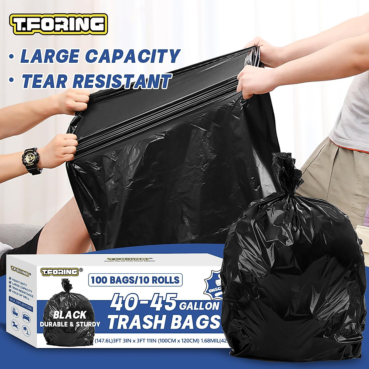 Large Contractor Trash Bags 40-45 Gallon - 100 Count Heavy Duty Black Garbage Bags Unscented Thick Commercial Trash Can Liners for Construction Industrial Yard Outdoor Lawn and Leaf