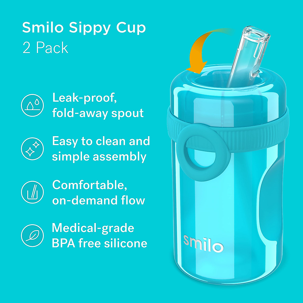 Smilo Sippy Cup 2 Pack for Toddlers (1+ years) with Spill Proof & Fold-Away Silicone Spout - 8.5 oz Capacity - BPA-Free Toddler Cups Made in the USA - Aqua & Green