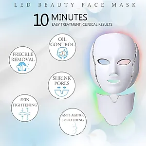 LED Face Mâsk Light Therapy | 7 Color Skin Rejuvenation Therapy LED Photon Mâsk Light Facial Skin Care Anti Aging Skin Tightening Wrinkles Toning Mâsk (For face & neck). (White)