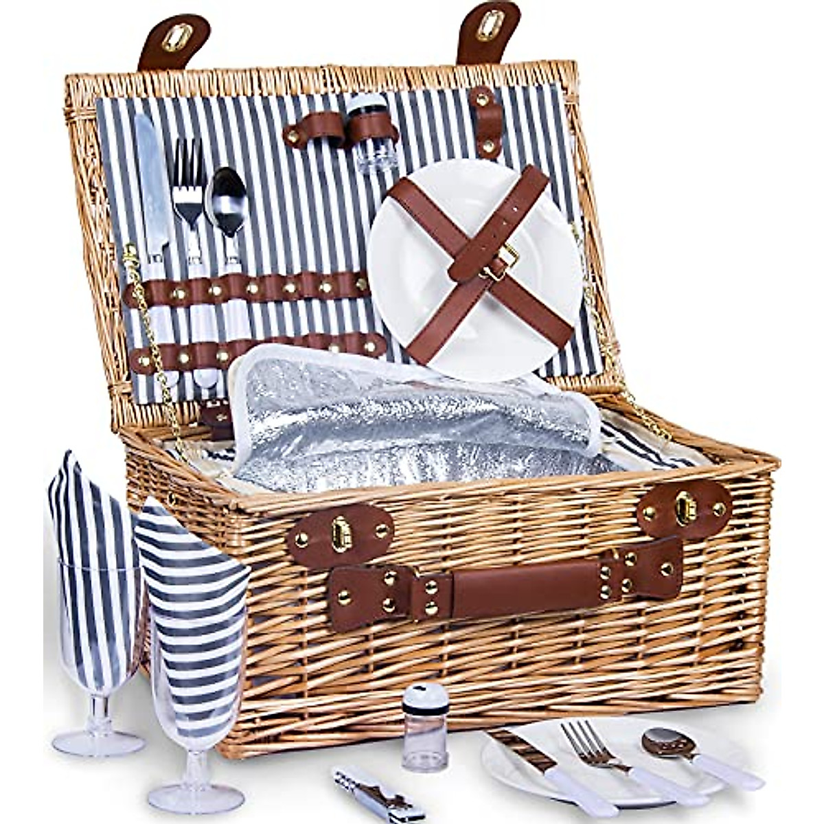 SatisInside Picnic Basket for 2 Wicker Picnic Set with Insulated Liner for Camping,Wedding,Valentine Day,Gift - Reinforced Handle, Grey Stripes
