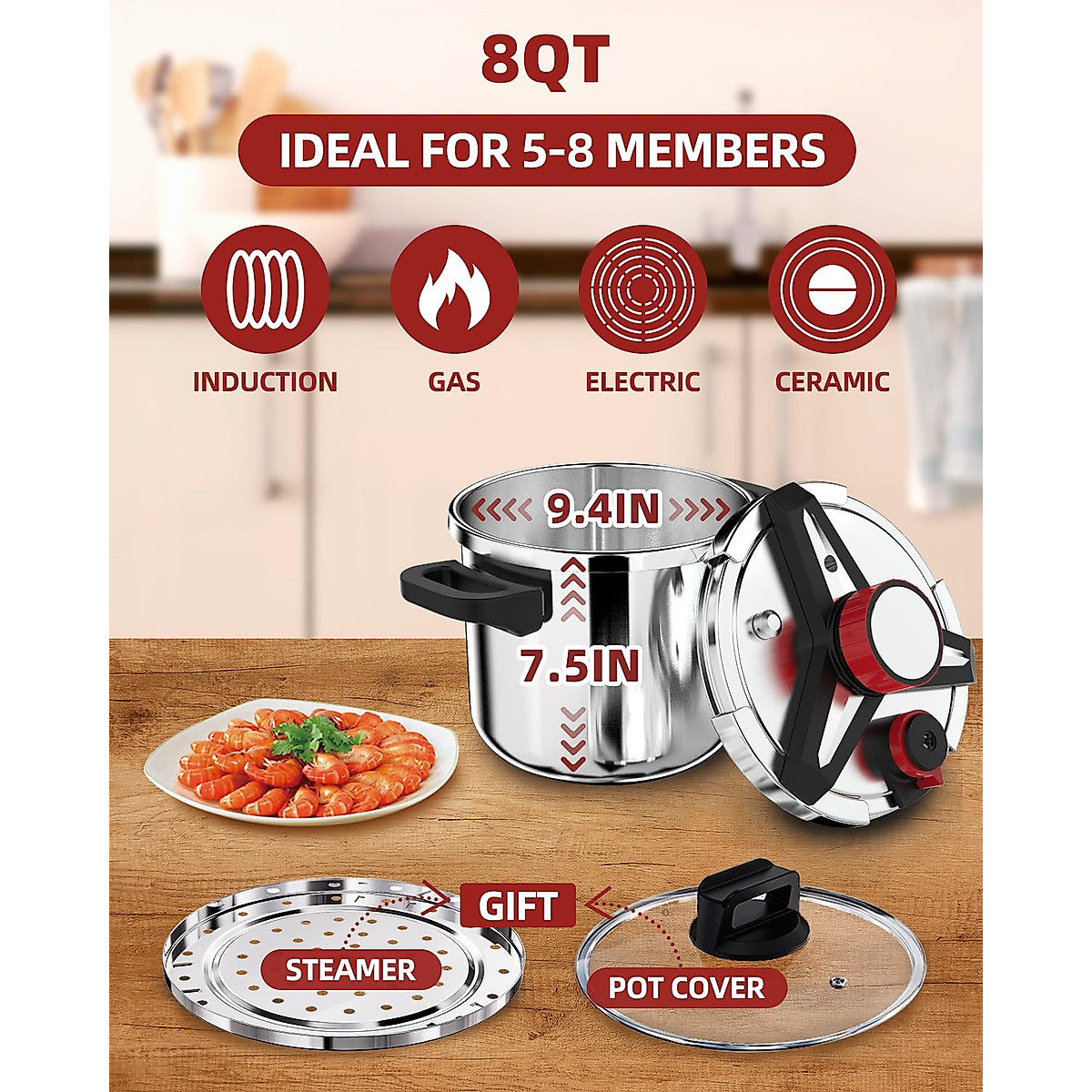 3-In-1 304 Stainless Steel Pressure Cooker 8 QT: [Explosion-Proof] [3 PSI Settings], One-Hand Locking, Induction Compatible, Glass Lid & Steamer Rack Included, Olla de Presion