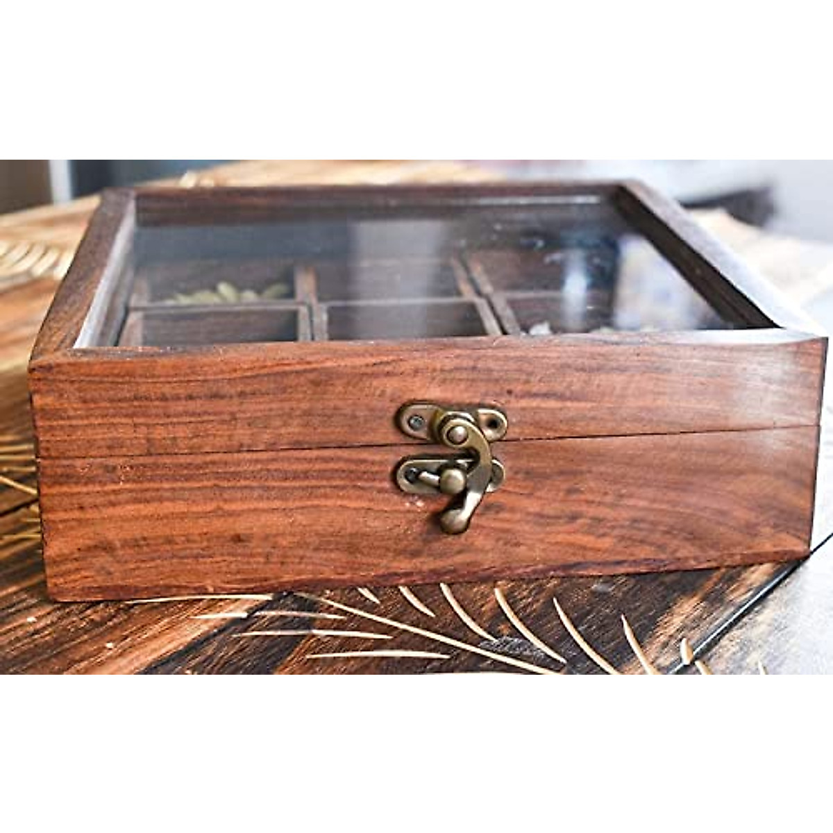 Ajuny Wooden 9 Containers Masala Dabba Spice Box with Glass Lid on Top and Spoon, 5.5x20.5 Cm
