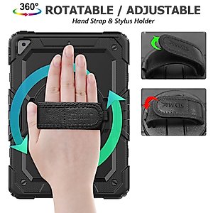 SEYMAC stock Case for iPad 9th/ 8th/ 7th Generation 10.2'', Shockproof Case with Screen Protector Pencil Holder [360° Rotating Hand Strap] &Stand, Case for iPad 10.2 inch 2021-2019 (Black)