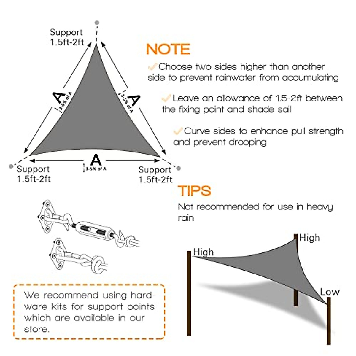 Artpuch Sun Shade Sails 20'x20'x20' Canopy, 185GSM Triangle Shade Sail UV Block for Patio Garden Outdoor Facility and Activities