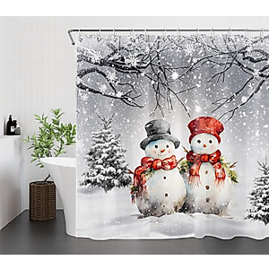 LB Christmas Snowman Shower Curtain Winter Scene Cute Snowman with Pine Tree Covered Snow Bathroom Shower Curtain Snowflake Bathroom Decor with Hooks 72Lx72W Inch Waterproof Polyester Bath Curtain