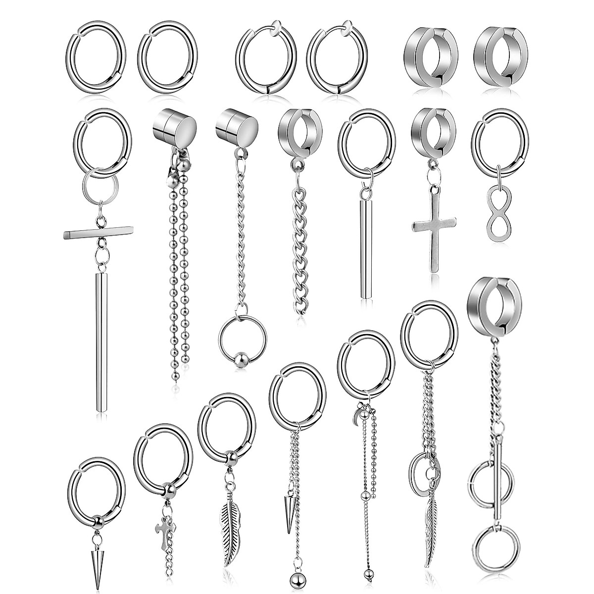 ONESING 20 Pcs Clip On Earrings for Men Magnetic Earrings Dangle Earring Hoop Sterling Earrings Men Stainless Steel Non Pierced Magnetic Earring Fake Earrings Piercings Silver