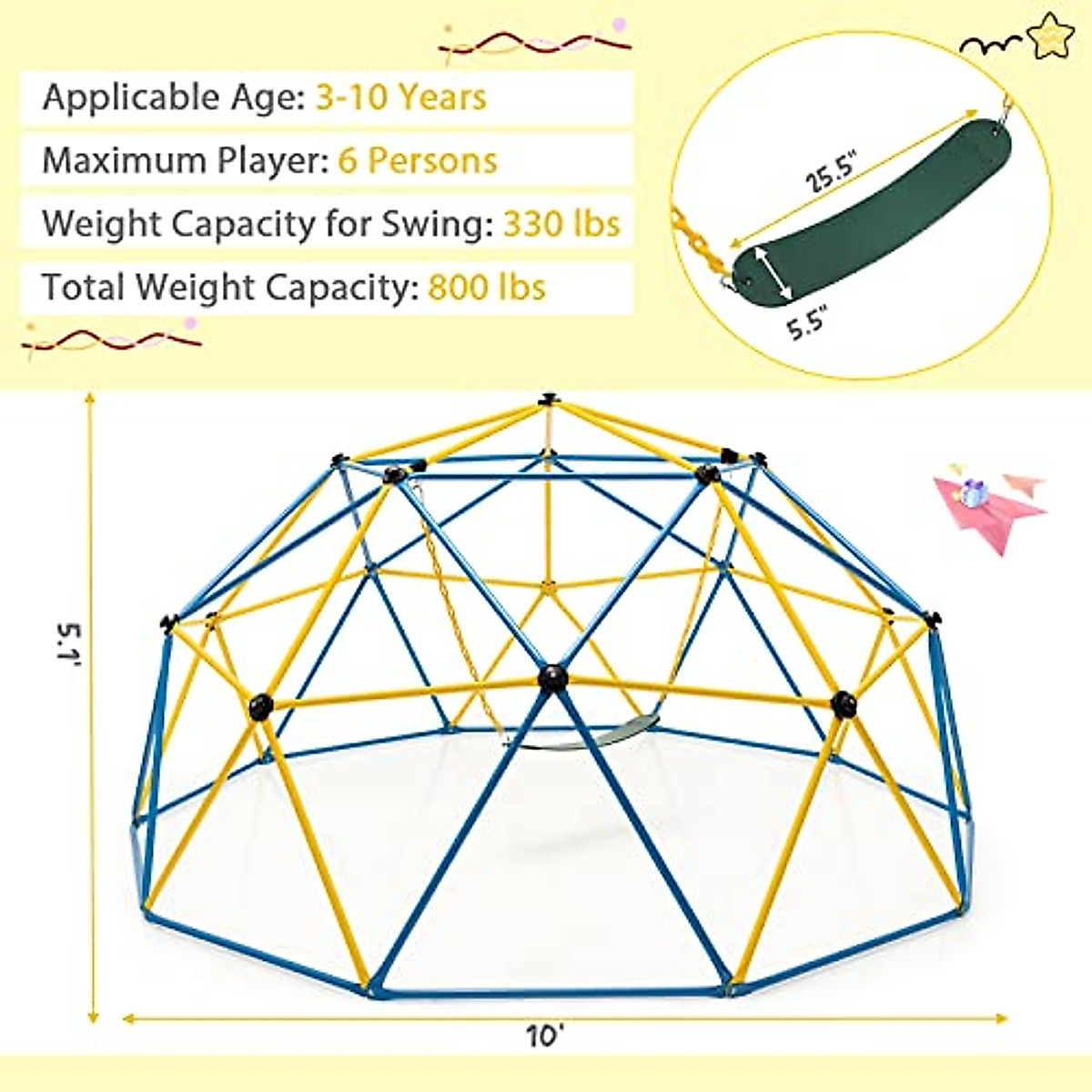 HONEY JOY 10FT Climbing Dome with Swing, Upgrade Jungle Gym Monkey Bar for Backyard, Outdoor Climbing Toys for Toddlers Playground Equipment, Supports 800 LBS, Geometric Dome Climber for Kids Age 3-10