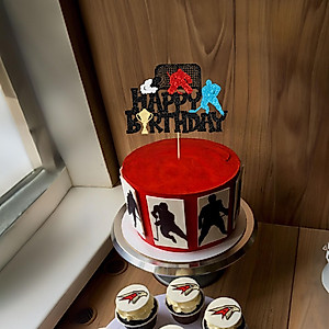 1Pc Hockey Happy Birthday Cake Topper Glitter Ice Hockey Player Sports Theme Cake Pick Decorations for Hockey Theme Baby Shower Boys Girls Birthday Party Supplies Black
