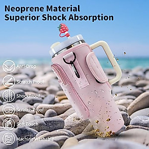 GUTAROR Water Bottle Carrier Bag Compatible with Stanley 30 40oz Tumbler with Handle, Water Bottle Holder with Adjustable Shoulder Strap 2 Straw Covers for Hiking Travelling Camping (Rose Quartz)