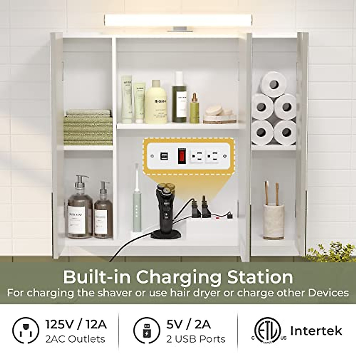 Bathroom Medicine Cabinet with Mirror and Lights 27.6x24 Inch Wall Mounted Mirror Cabinet with Charging Station & Adjustable Storage Shelves Medicine Cabinets Mirror with 3 Doors for bathroom,White