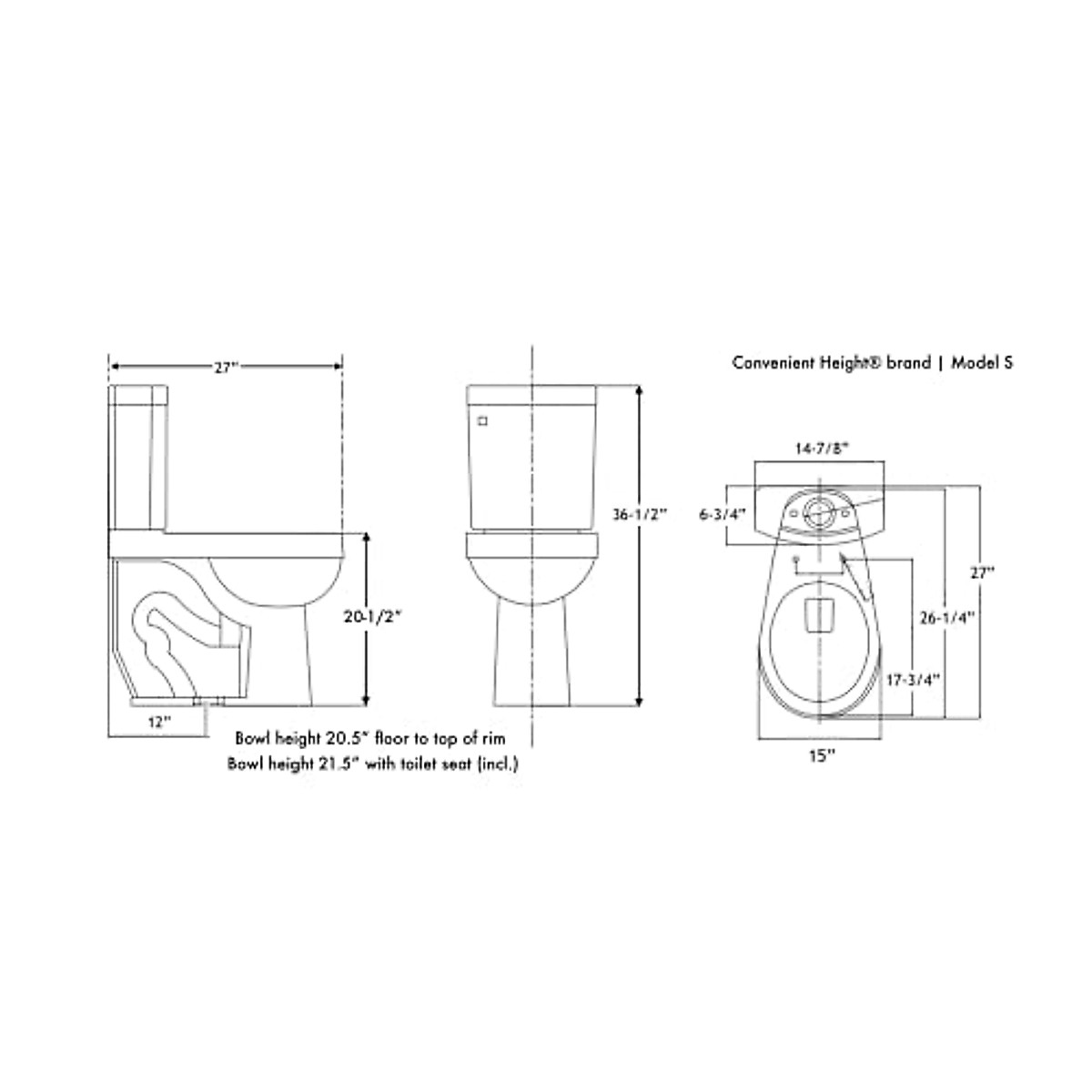 20 inch Extra Tall Toilet. Convenient Height bowl taller than ADA Comfort Height. Dual flush, Metal handle, Slow-close seat