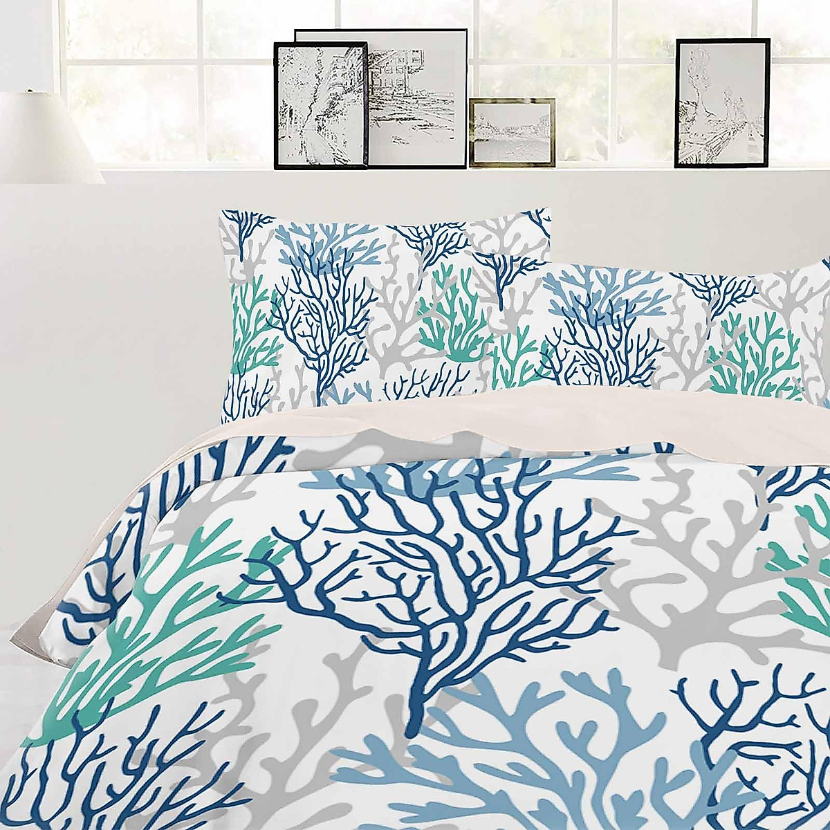 DecorLovee California King Duvet Cover Set - Blue Teal Grey Coral Coastal 4 Pcs Comforter Cover Bedding Sets, Summer Beach Nautical Ocean Microfiber Bed Sheet Soft Quilt Cover with 2 Pillow Shams