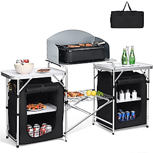 Giantex Camping Kitchen Station, Folding Grill Table with 26'' Tabletop, 2 Side Tables, Storage Organizer, Detachable Windscreen, Portable Camp Cook Outdoor Prep Station Backyard BBQ Picnic (Black)