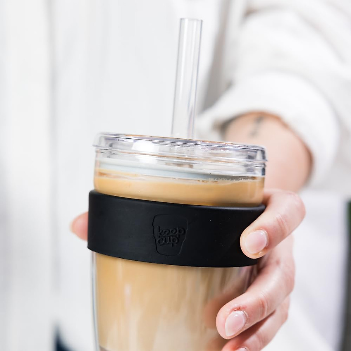 KeepCup Cold Cup - Longplay Double wall Glass Ice Coffee Tumbler with Lid and Straw - 16oz (454ml) - Black
