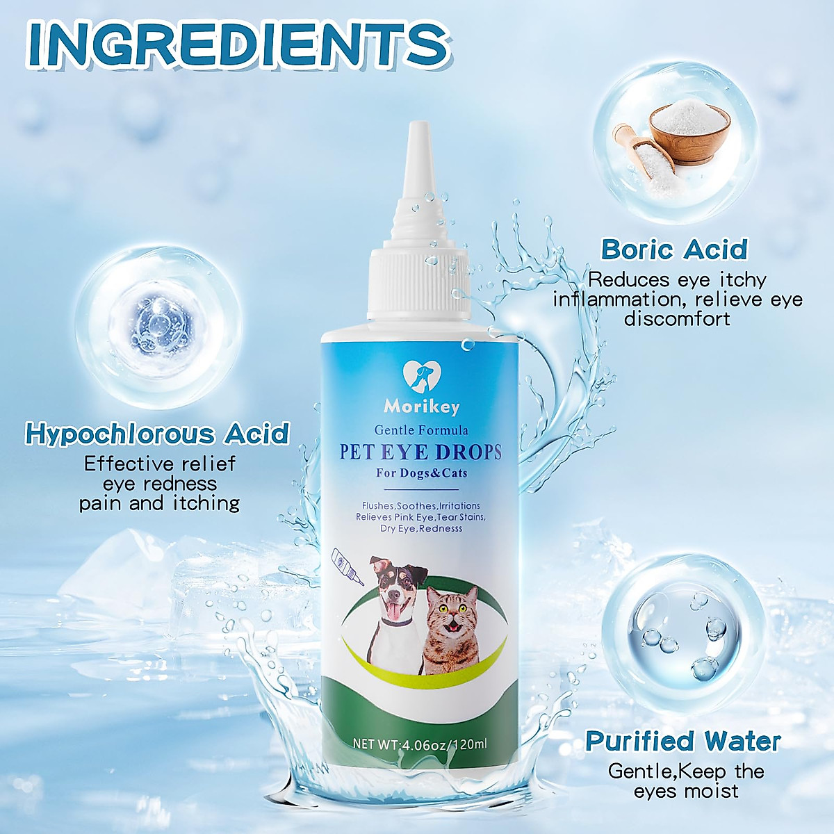 Morikey Pet Eye Drops,Gentle&Safe Dog Eye Drop for Infection,Relieve Eyes Itching & Irritation,Remove Tear Stains,Safe for All Animals, 4.06oz,120ml