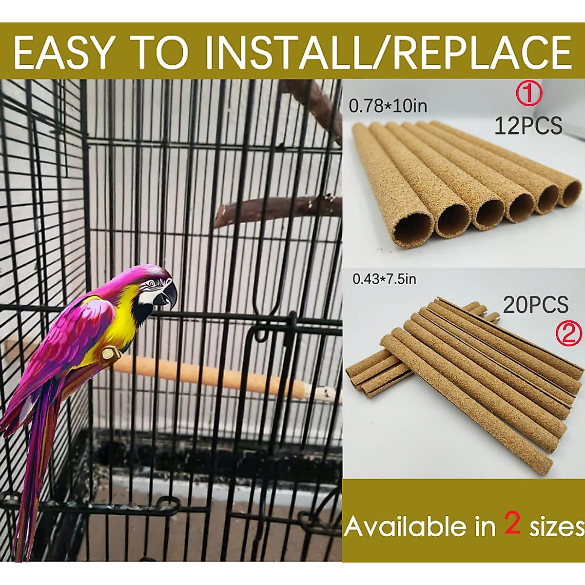 20Pcs Sand Perch Covers for Bird - 7.5" Bird Perchs Bird Stand Bird Cage Accessories Natural Wood Perch Platform Paw Grinding Stick for Parakeets, Lovebirds, Parrotlets, Canaries
