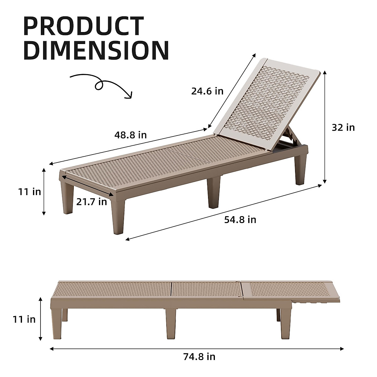 Greesum Outdoor Chaise Lounge Chairs Set of 2 with 5-Position Adjustable Backrest, Waterproof PE Sun Loungers for Garden Pool Beach Patio Deck Sunbathing, Light Coffee