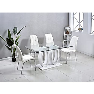 Modern Tempered Glass Dining Table for 6 Persons, 63'' Rectangilar Dining Room Table with Dual O-Shaped High Glossy Wood Base, Elegant Kitchen Table Versatile Glass Table for Home (White)