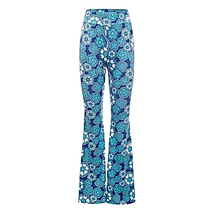 WDIRARA Women's Elastic High Waist Allover Print Floral Bell Bottom Flare Leg Long Pants Blue and White S
