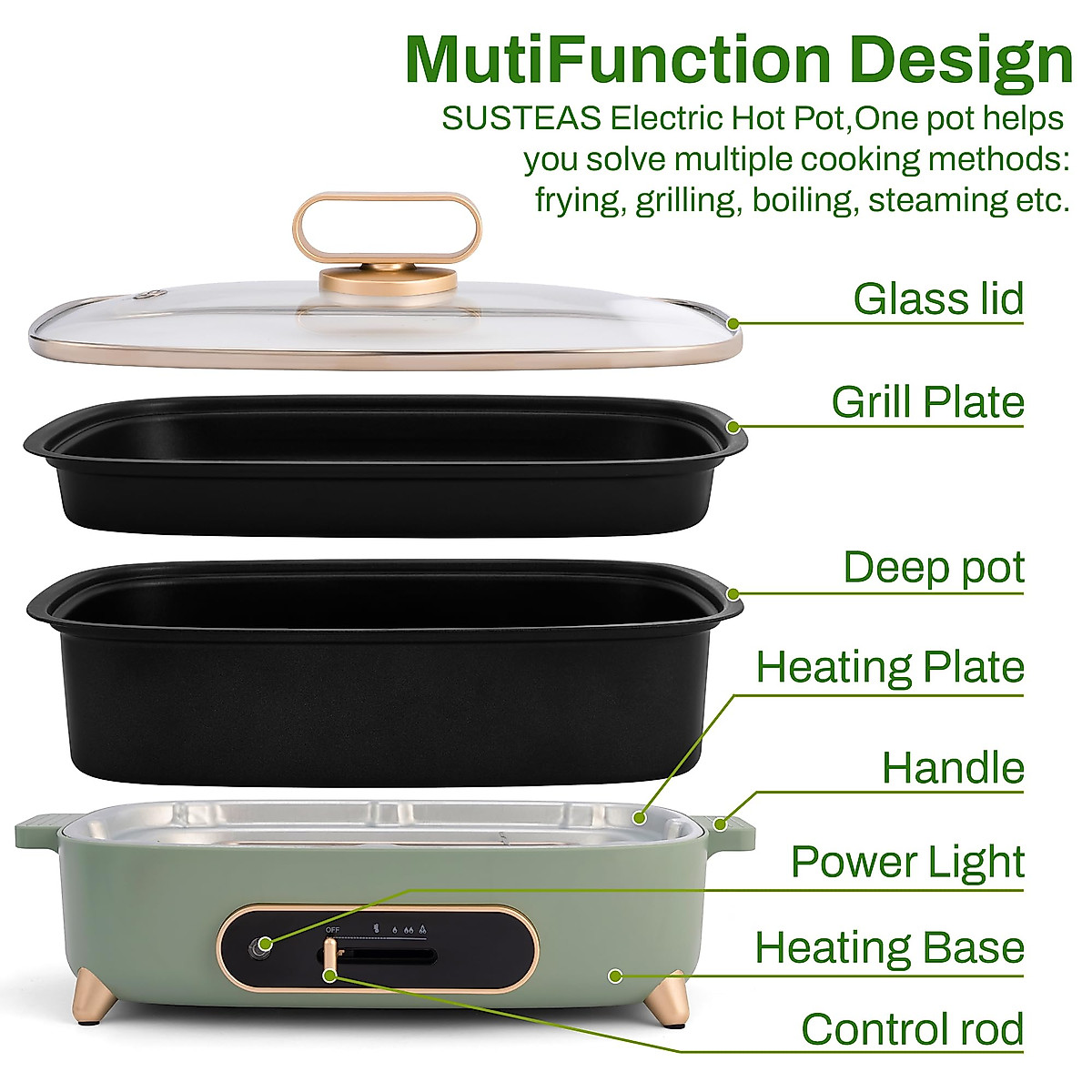 SUSTEAS 2 in 1 Electric HotPot with Removable Grill Pan, Non-Stick Skillet & 4L Shabu Shabu Pot,1200W with Slide Power Control for Frying,Grilling,Outdoor Camping BBQ, Family & Friend Gathering Party