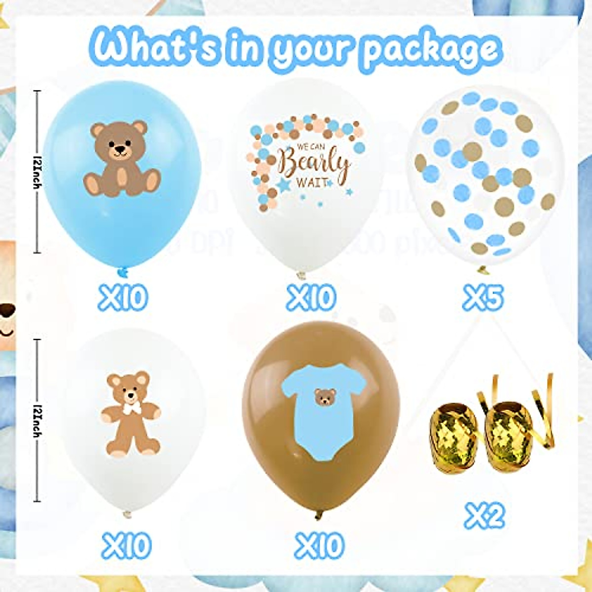 45Pcs Blue Bear Baby Shower Party Balloons, 12" Latex Printed We Can Bearly Wait Brown Creamy Bear Balloon Decor for It's A Boy Gender Reveal Kid Birthday Wedding Photo Prop Party Decorations Supplies