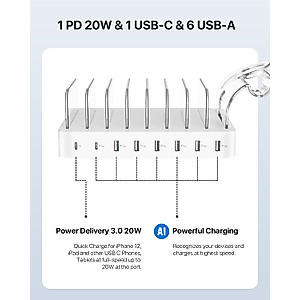 SooPii 8-Port USB-C Charging Station for Multiple Devices, with 1 PD 20W Port Supports Fast Charging, 8pcs Mixed Charging Cables and 1pcs Upgraded Holder for lWatch Charger & Air-Pods, White