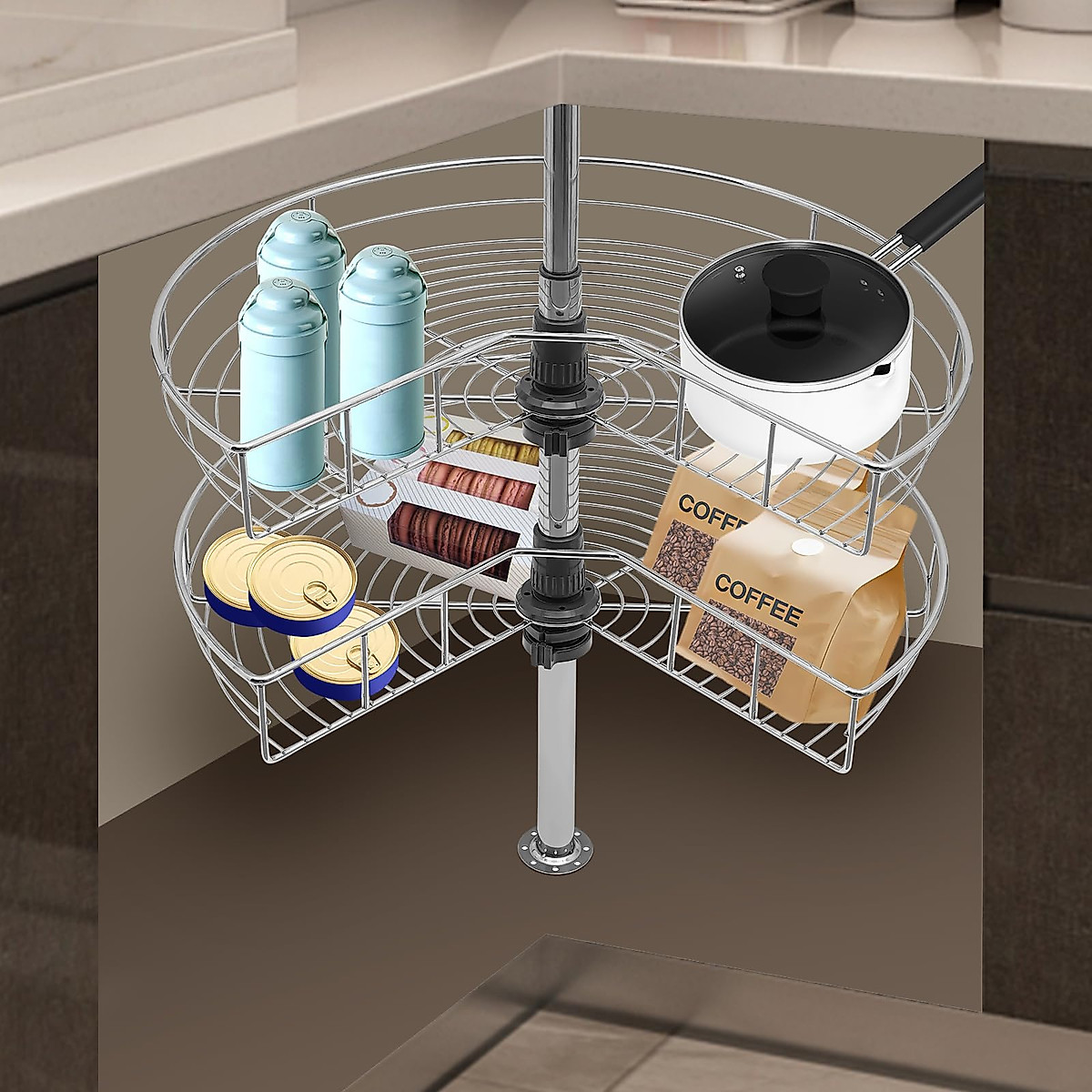 KIOPOWQ Corner Shelf, 23.62'' 2 Tier Lazy Kitchen Base Cabinet Corner Organizer, 270° Rotating Blind Corner Wire Kidney Shaped Cabinet Mounted