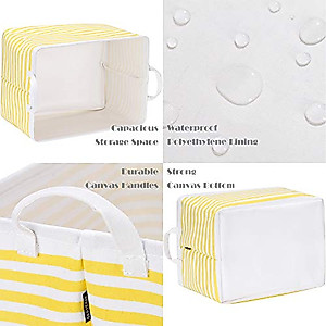 Sea Team Collapsible Canvas Fabric Storage Basket with Handles, Rectangle Waterproof Storage Bin, Box, Cube, Foldable Shelf Basket, Closet Organizer, 16.5 x 11.8 x 9.8 Inches, Yellow Stripe