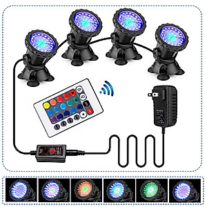 SOAMOEU Set of 4 RGB Color Changing Spotlights, Pond Lights LED Underwater Fountain Lights, IP68 Waterproof Diving Lights, Brightness, Color Changing Speed ​​Adjustable, Base with Suction Cup