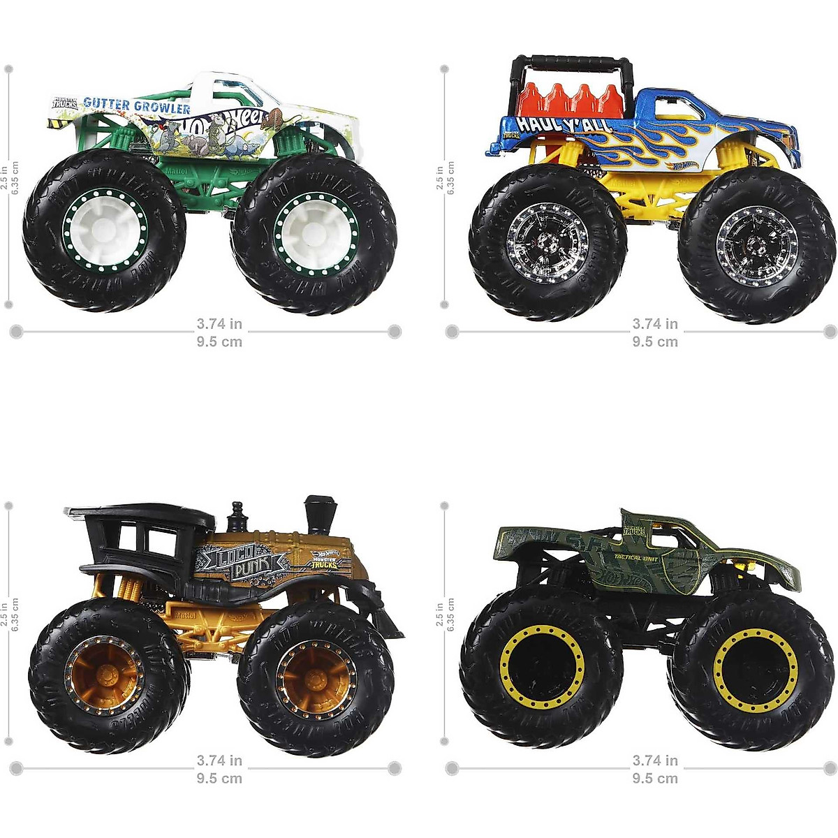 Hot Wheels Monster Trucks 4-Pack, 1:64 Scale Set of 4 Toy Vehicles with Giant Wheels for Kids & Collectors (Styles May Vary)