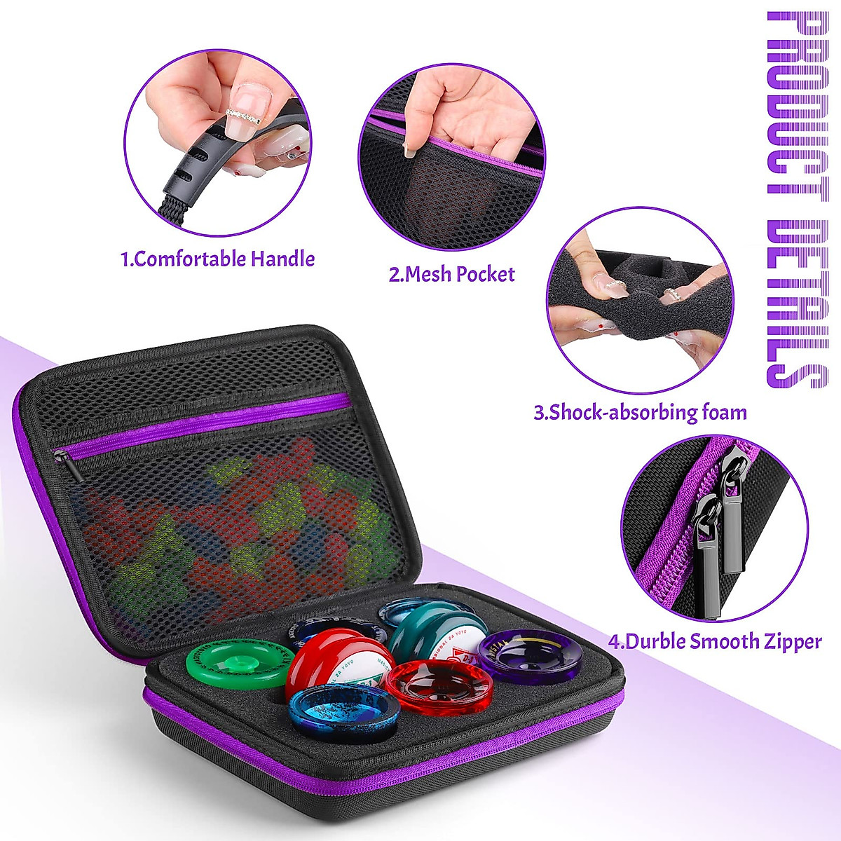 Portable Yoyo Storage Case, Yoyo Carrying Bag, Yoyo Prefessional Case 6 Hole Yoyo Protective Bag with Inner Zippered Pocket for Keeping Yoyos and Yoyo Accessories Safe and Organized (Black&Purple)