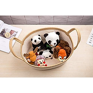 Rope Basket with Long Handles, Woven Basket, Baby Kids Room Toy Storage, Portable Hampers, Towel Storage Basket Woven Rope Basket, Nursery Hampers, Dog Toy Basket, (M Square 24 cm 28 cm 42 cm)