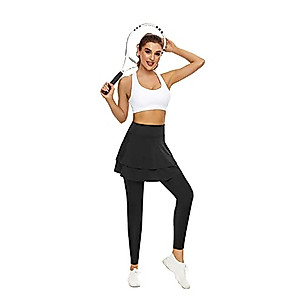 WOWENY Tennis Skirted Leggings with Pockets for Women Golf Skapri Leggings with Skirt (S, 2-Layer Black)