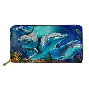 Upetstory Ladies Long Wallets with Checkbook Holder School Student Coin Cash Pen Clip Pouch Dolphin Blue