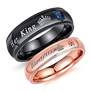 Couples Her King and His Queen Enagagement Bridal Ring Set 2PCS, Black Rose Gold Color (His 12 Her 11)