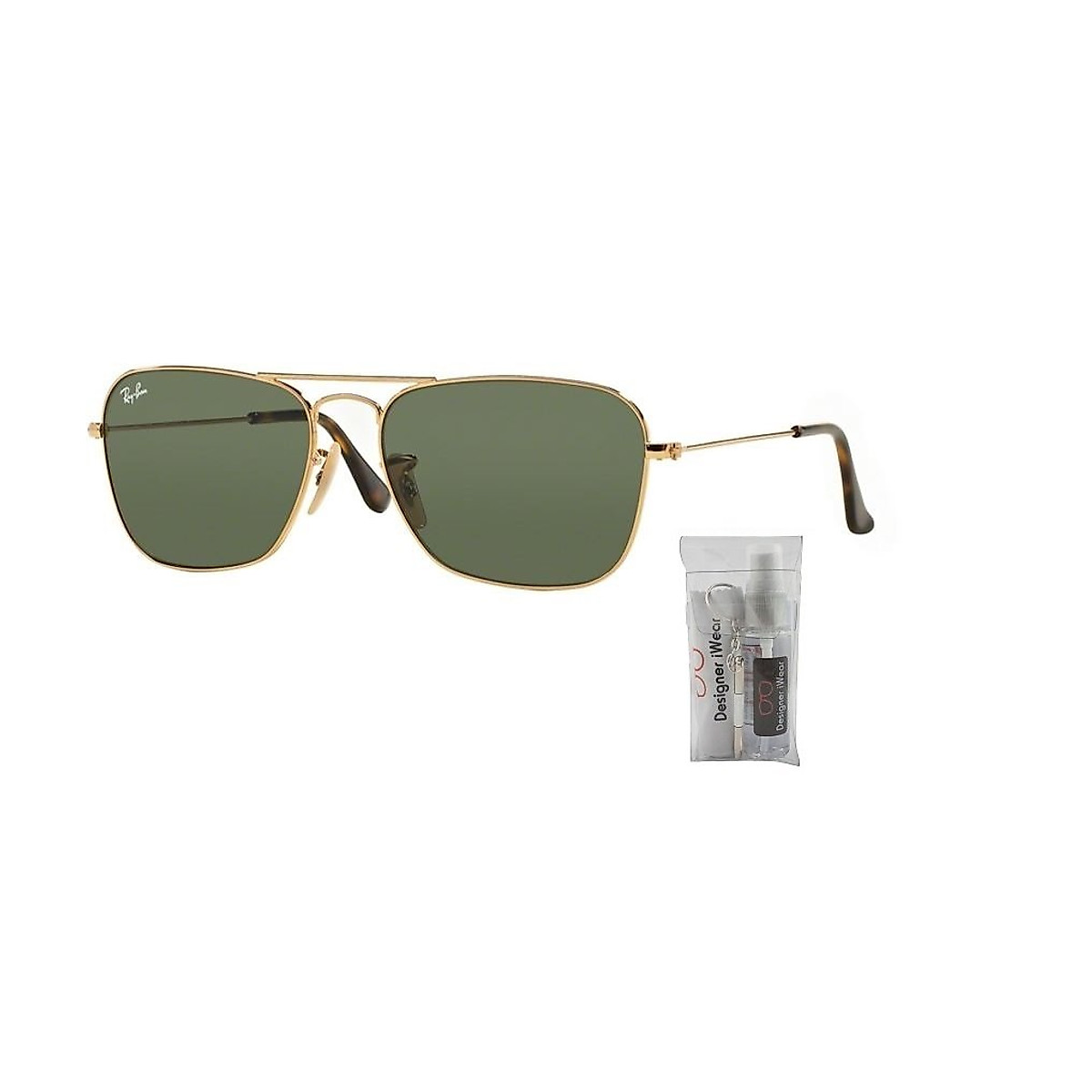 Ray-Ban RB3136 CARAVAN 181 58M Gold/Dark Green Square Sunglasses For Men For Women + BUNDLE with Designer iWear Eyewear Kit